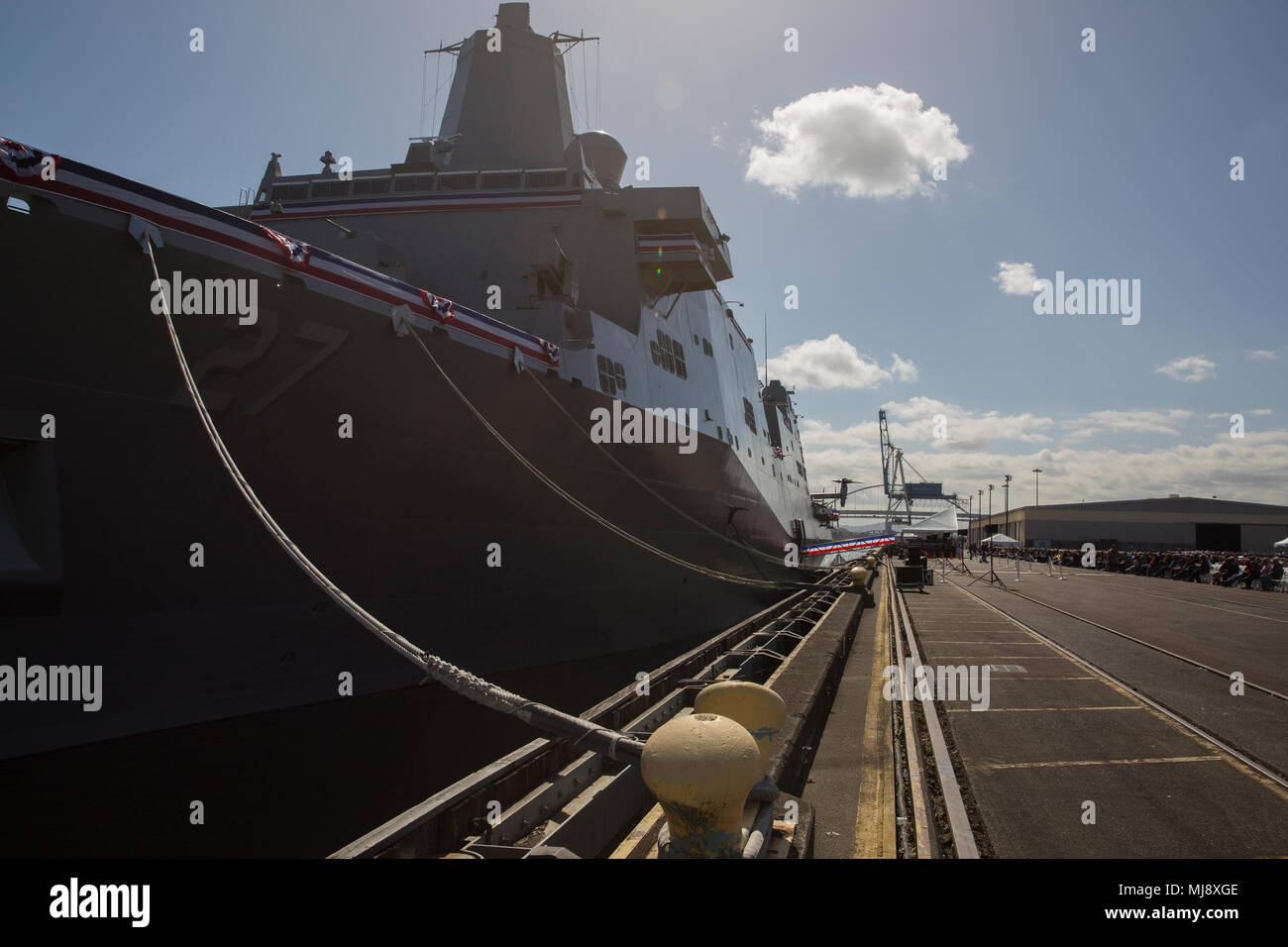 USS Portland (LPD 27) sits docked during her official commissioning ...