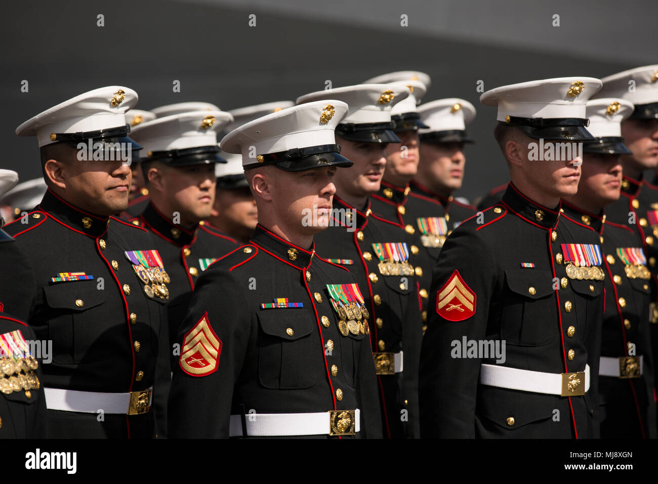 Marines wait to board USS Portland (LPD 27) during her official ...