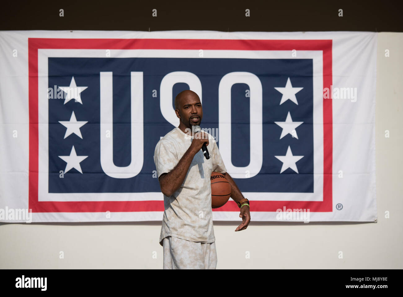 NBA Legend Richard "Rip" Hamilton speaks during a USO variety show at ...