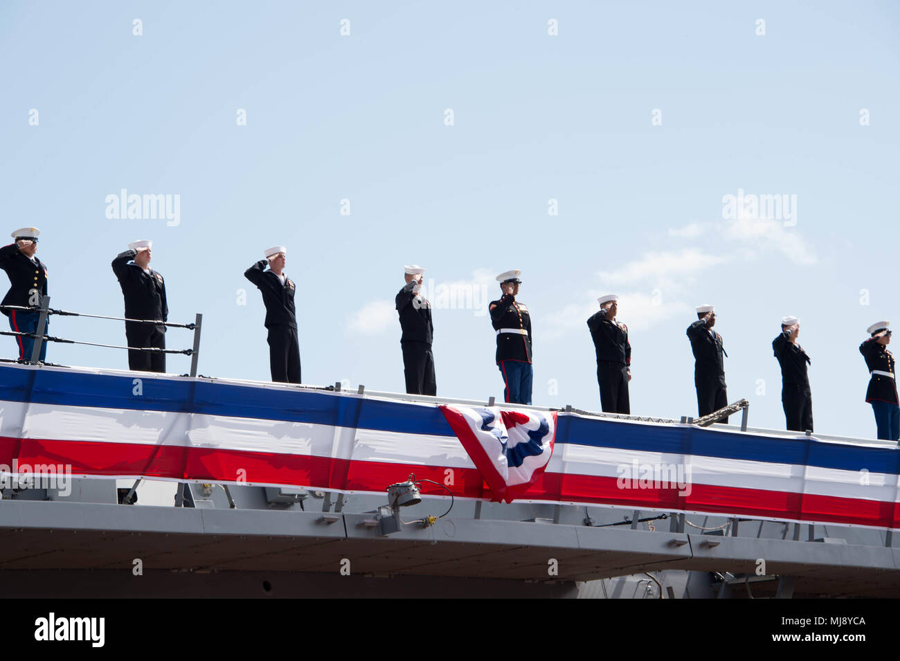 PORTLAND, Ore. (April 21, 2018) The crew of USS Portland (LPD 27) mans ...