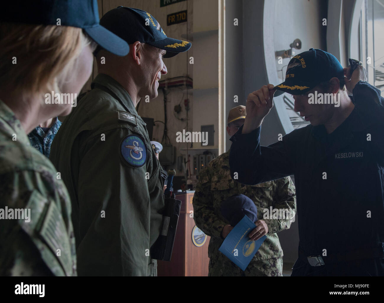 NORFOLK, Va. (April 19, 2018) -- Capt. Brent Gaut (center), USS Gerald ...
