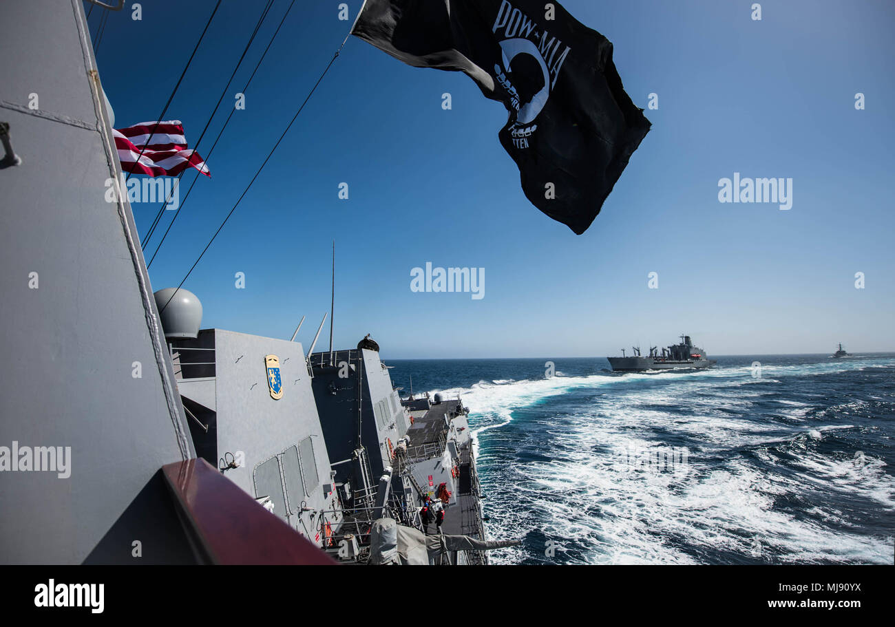 Pacific Ocean (April 20, 2018) The USS Stockdale (DDG 106) displays the ...