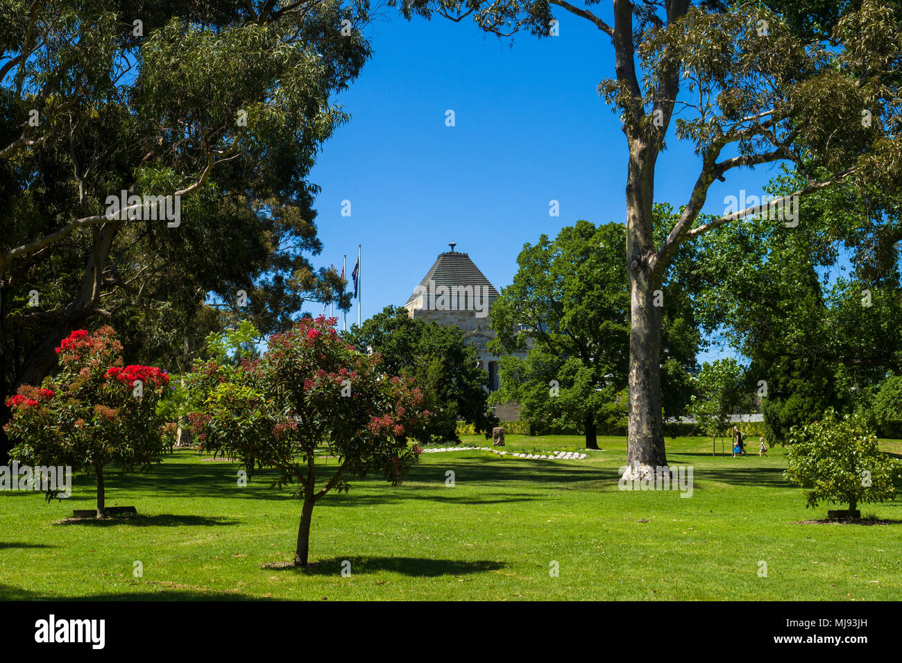 Kings Domain park with view of summit of the Shrine of Remembrance ...