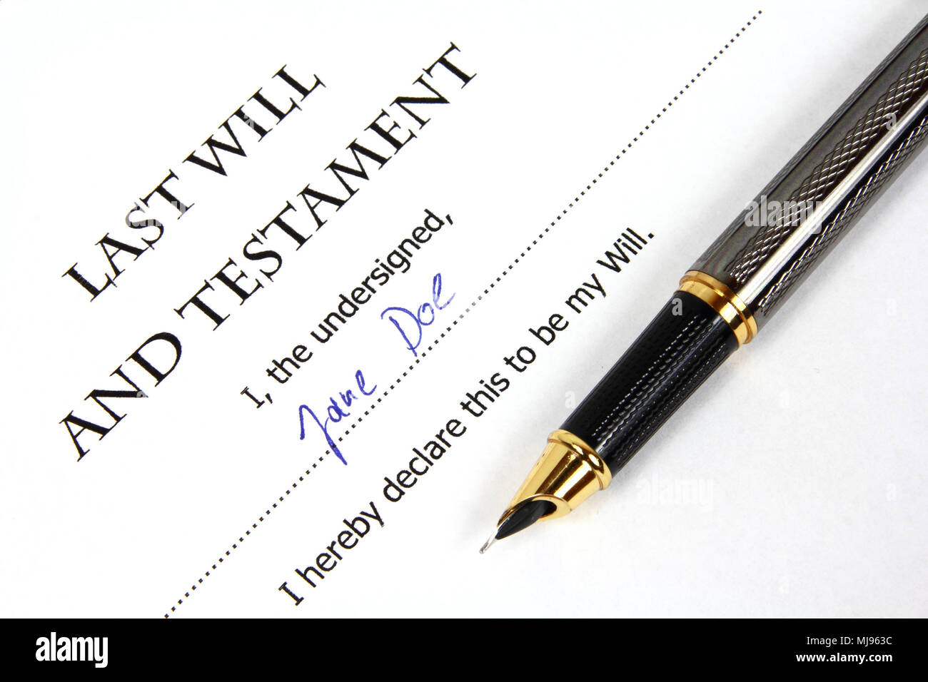 Last Will and Testament with a fictional name and signature. Document ...