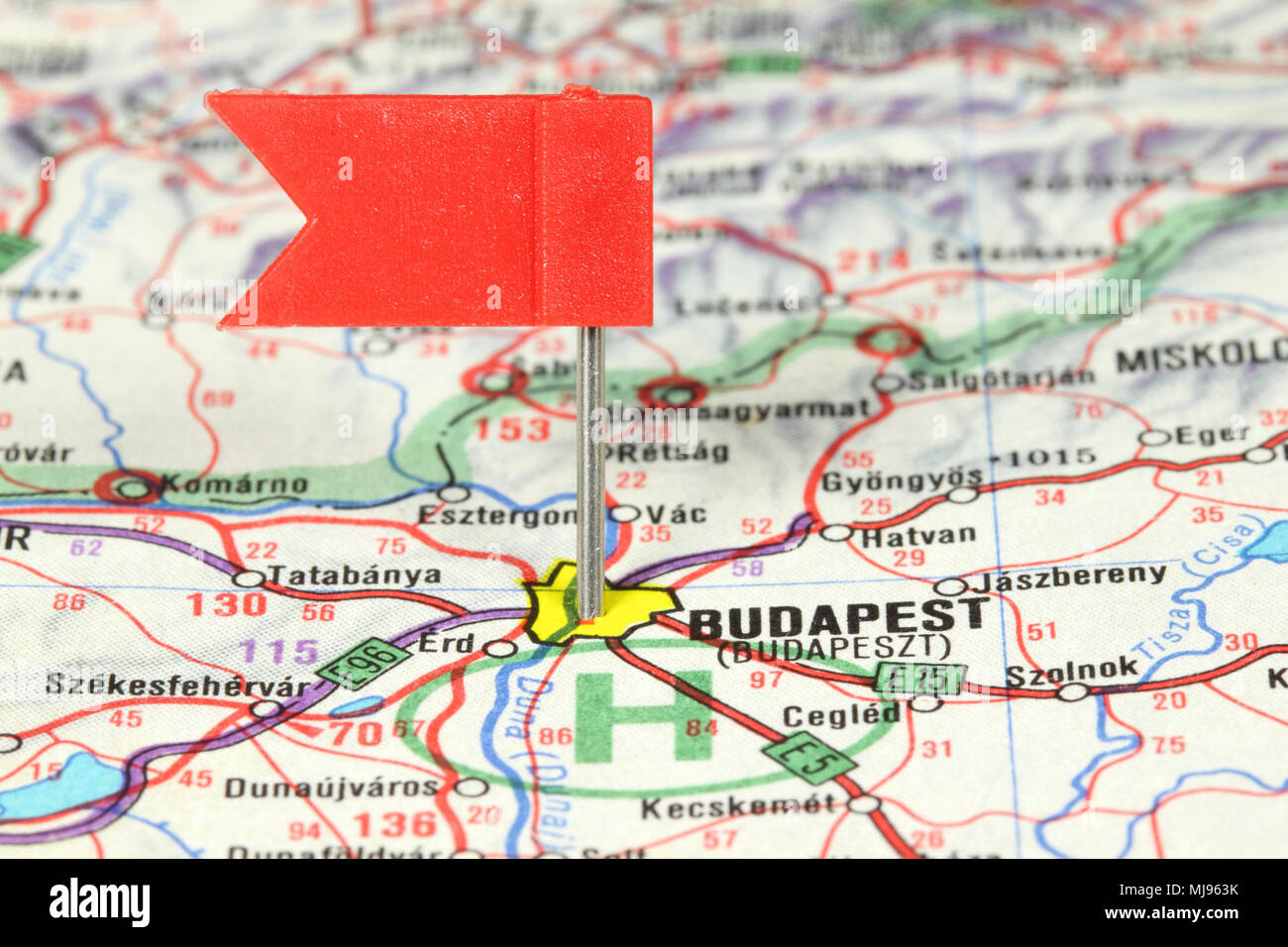Budapest - famous city in Hungary. Red flag pin on an old map showing ...