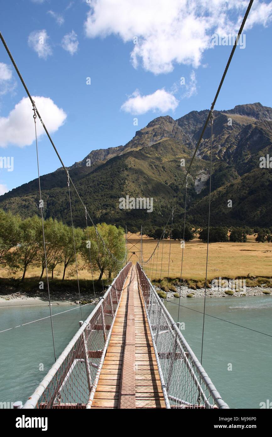 New Zealand nature - Mount Aspiring National Park. Suspended wire ...