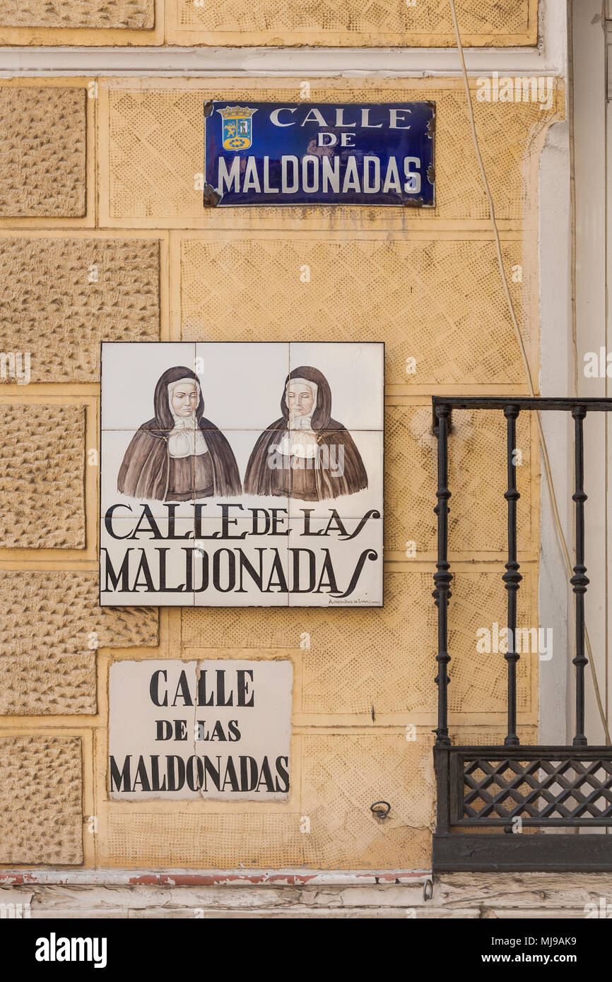 Three different street signs of the same street in Madrid in one ...