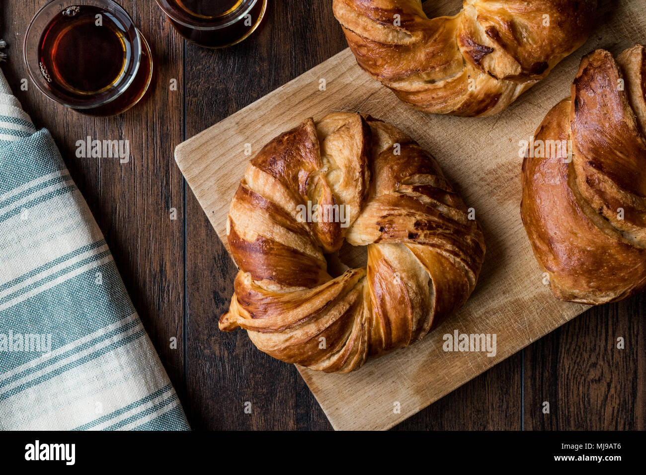 Turkish Bagel Acma / Croissant with tea (turkish pastry Stock Photo - Alamy