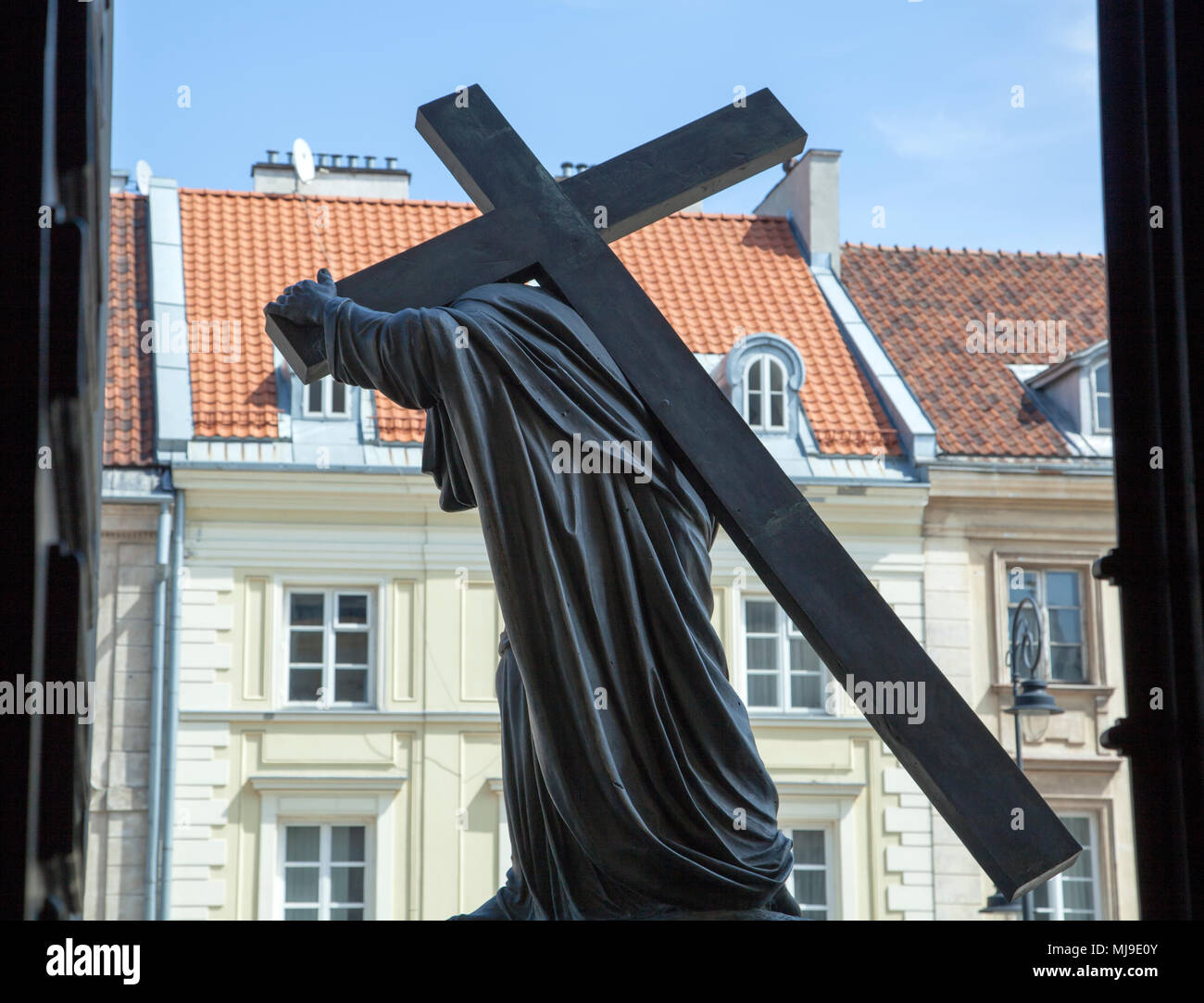 The religious sculpture at the entrance to Holy Cross Church where the ...