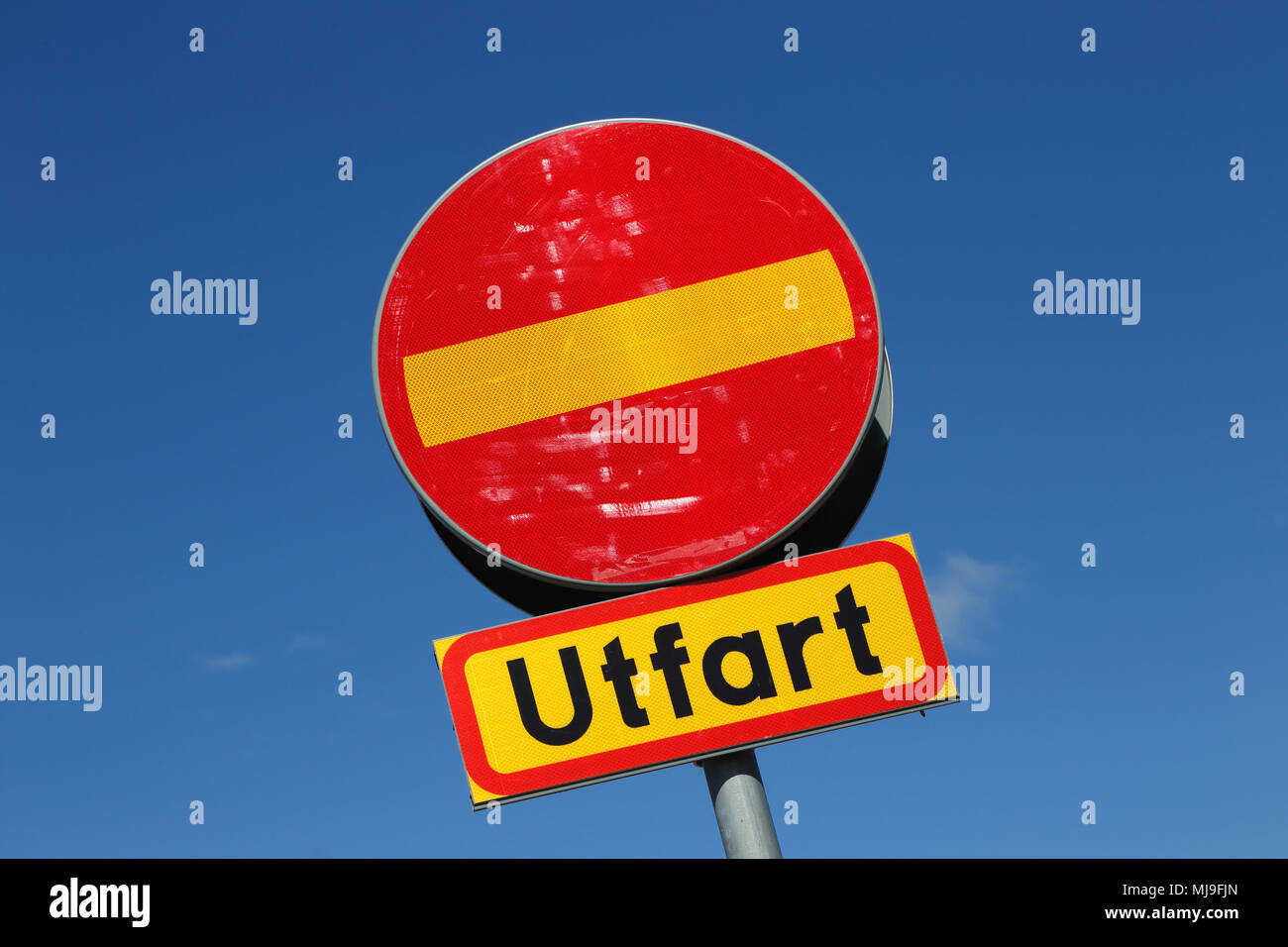 Swedish road sign, Do not enter, with additional panel, Exit (utfart ...