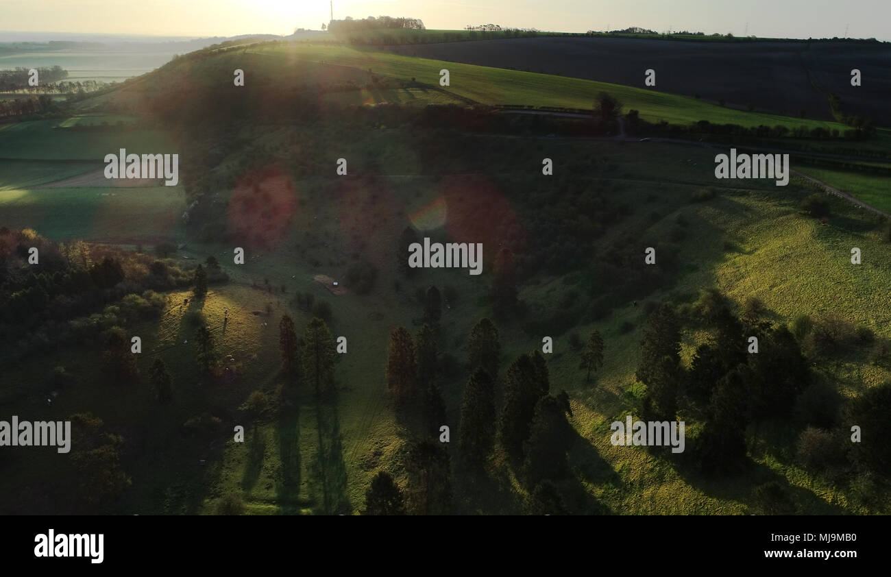 Drone view over the Watership Down and Hannington tower from White Hill ...