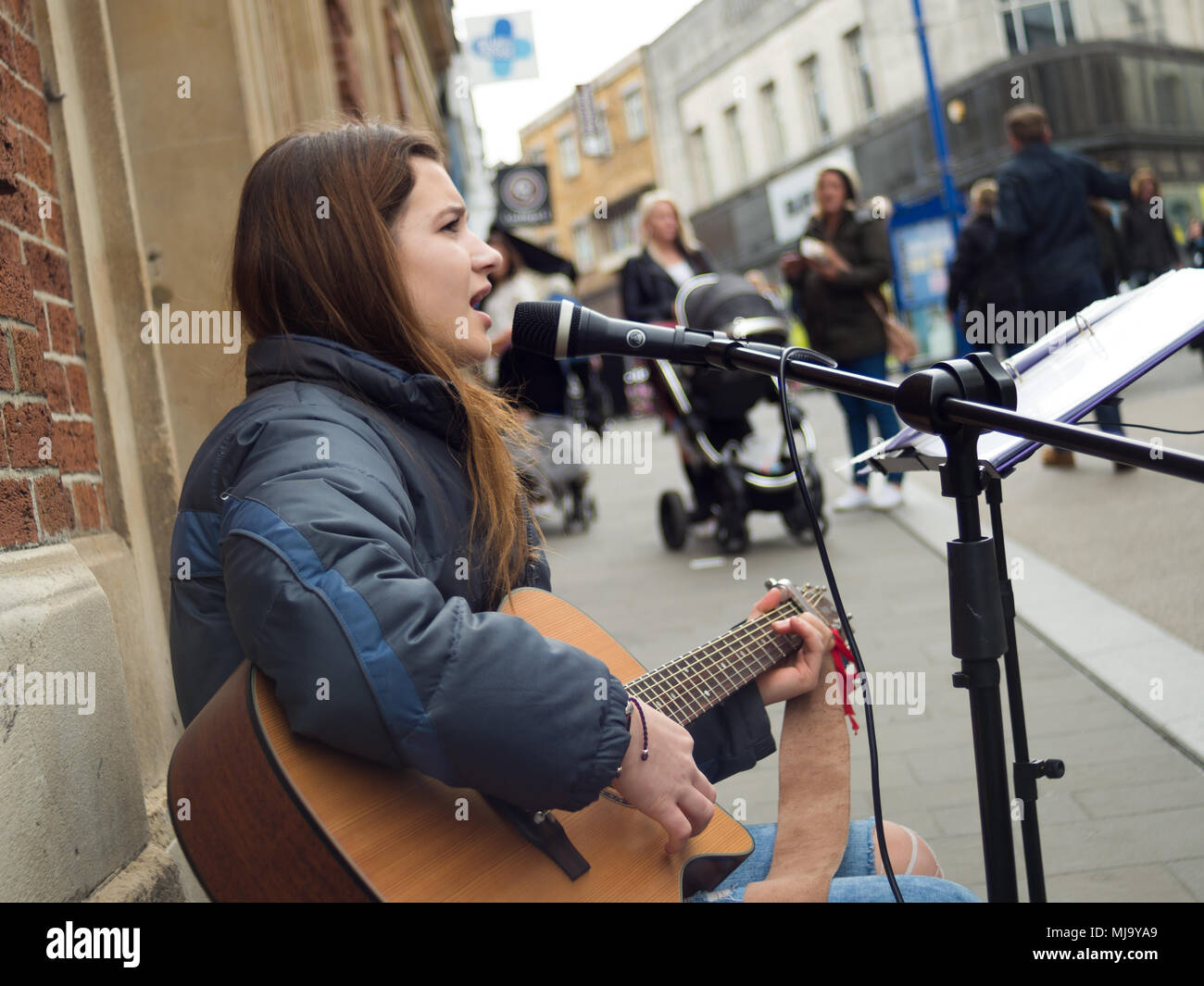 Abergavenny, Wales, UK: April 04, 2017: Busker in Abergavenny Town ...