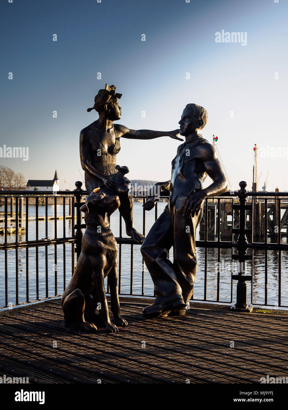 Cardiff, UK, December 28, 2016. Wales. Statue in Mermaid Quay at Sunset ...