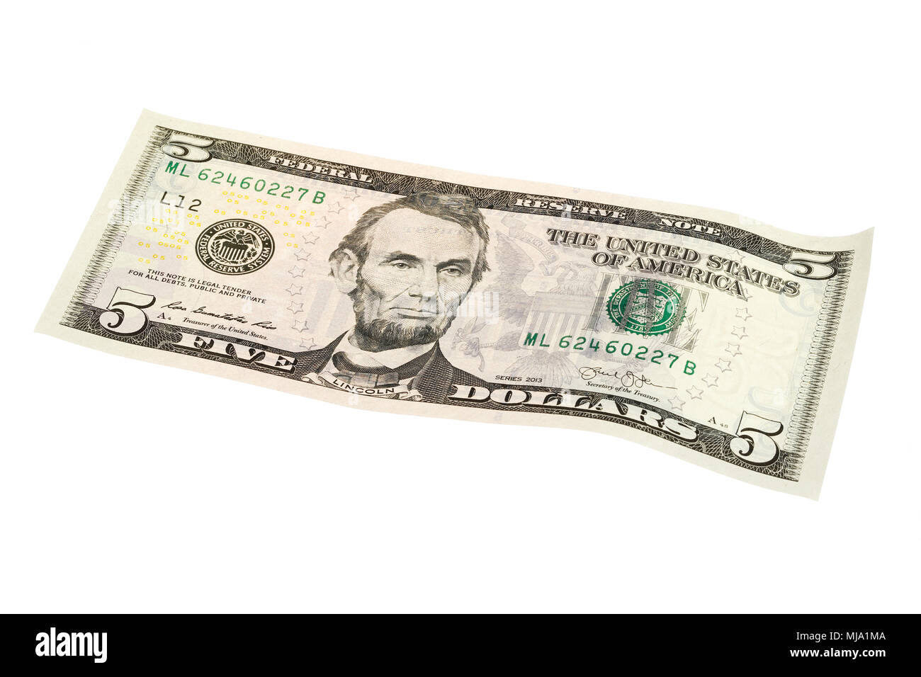 US banknote 5 dollars isolated on white background Stock Photo - Alamy