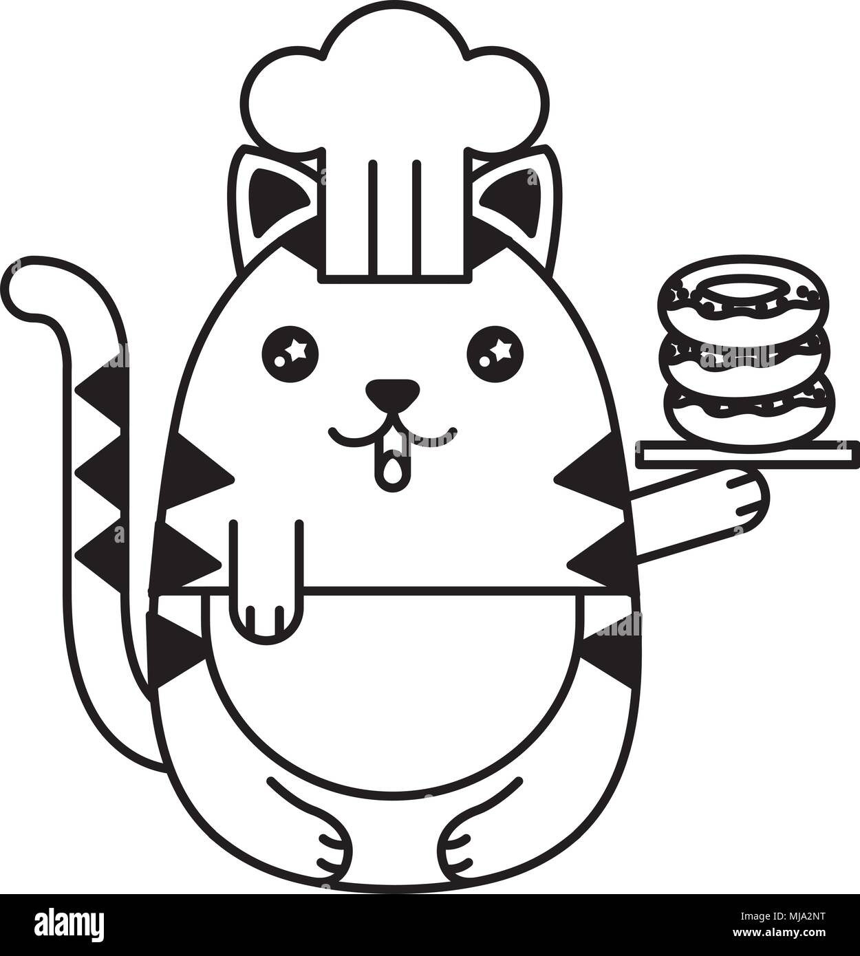 cute cat chef with delicious donuts kawaii character vector ...
