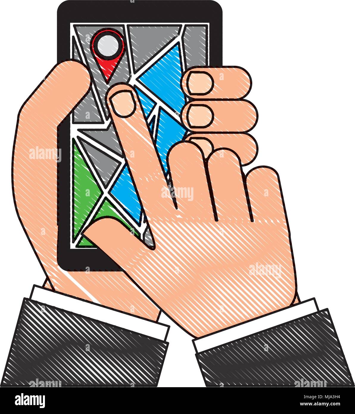 hand holding smartphone with mobile gps navigation on a screen and ...
