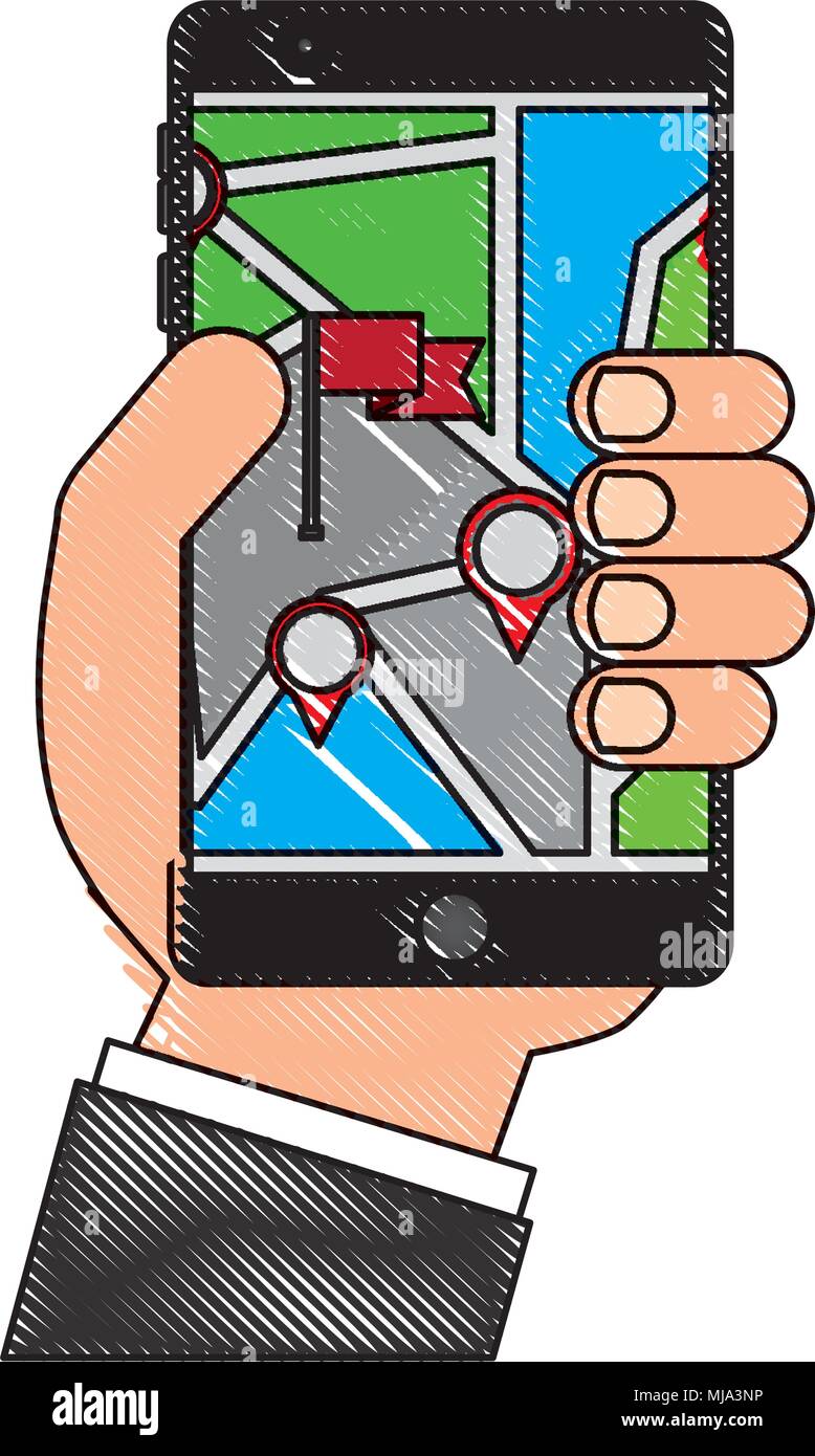 hand holds smartphone map gps navigation flag pin vector illustration ...