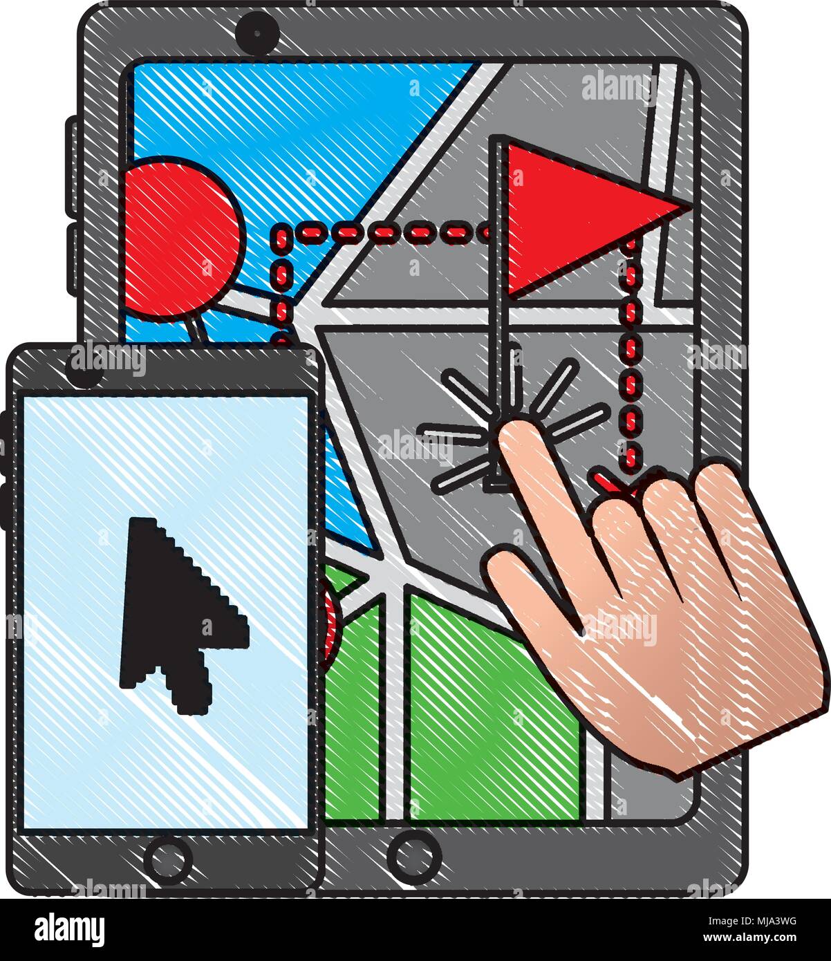 hand touching on screen map mobile app gps navigation vector ...