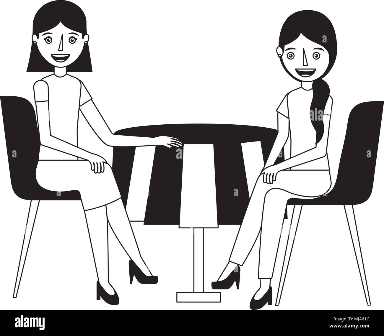 young women sitting at the table in chairs vector illustration Stock ...