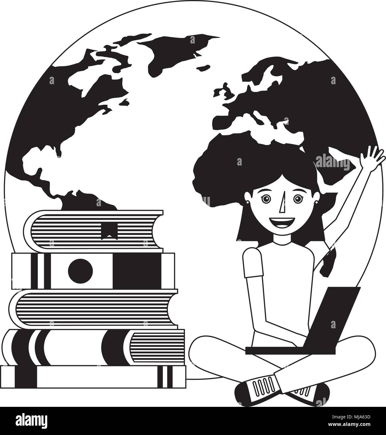 happy woman learning with books and laptop world vector illustration ...