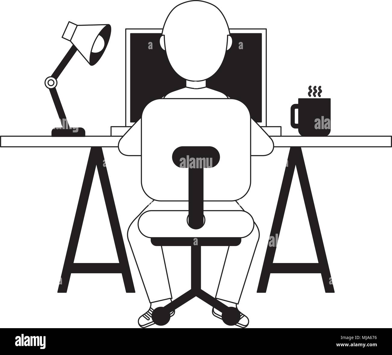 Man Sitting At The Desk And Working On The Computer Pencils Back View Vector Illustration Stock