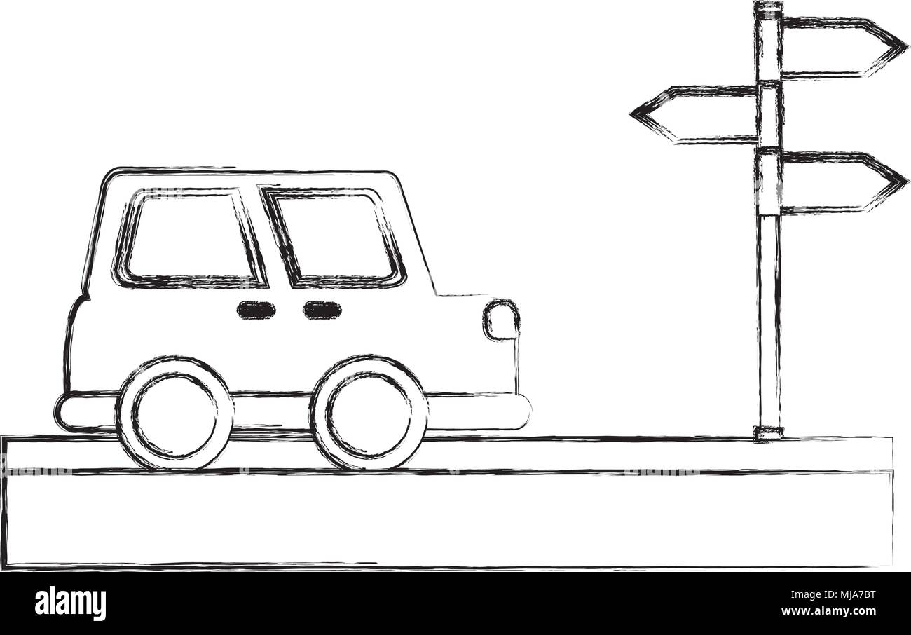 car on road transport with arrows location vector illustration sketch ...