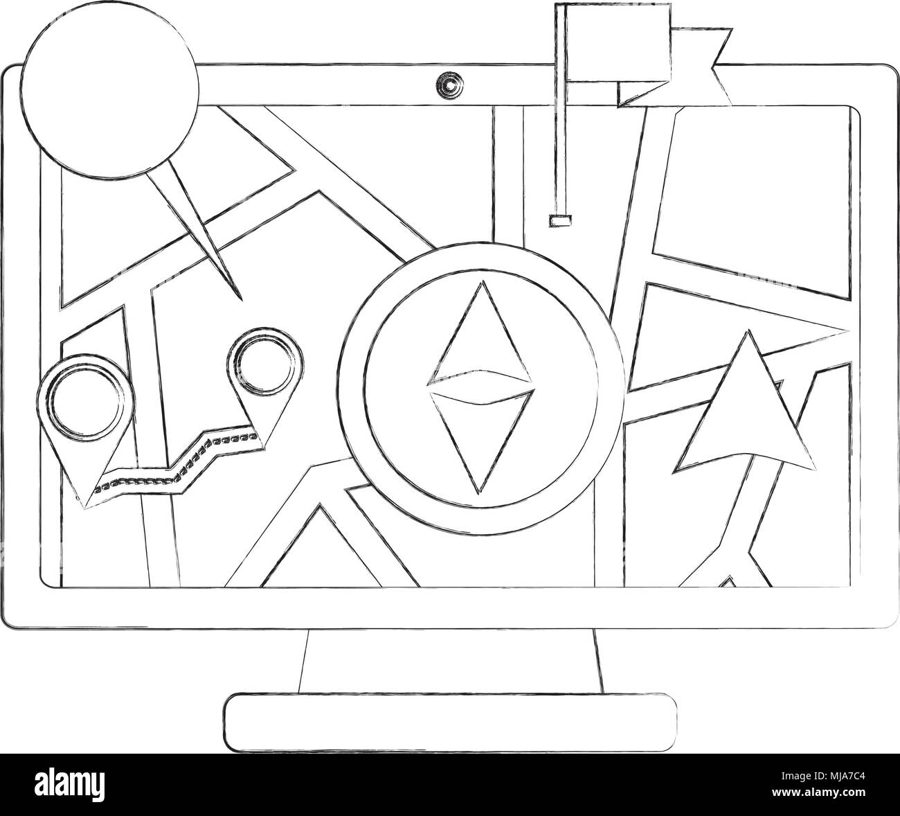 computer screen mobile gps navigation compass flag and pointers mark vector illustration sketch ...