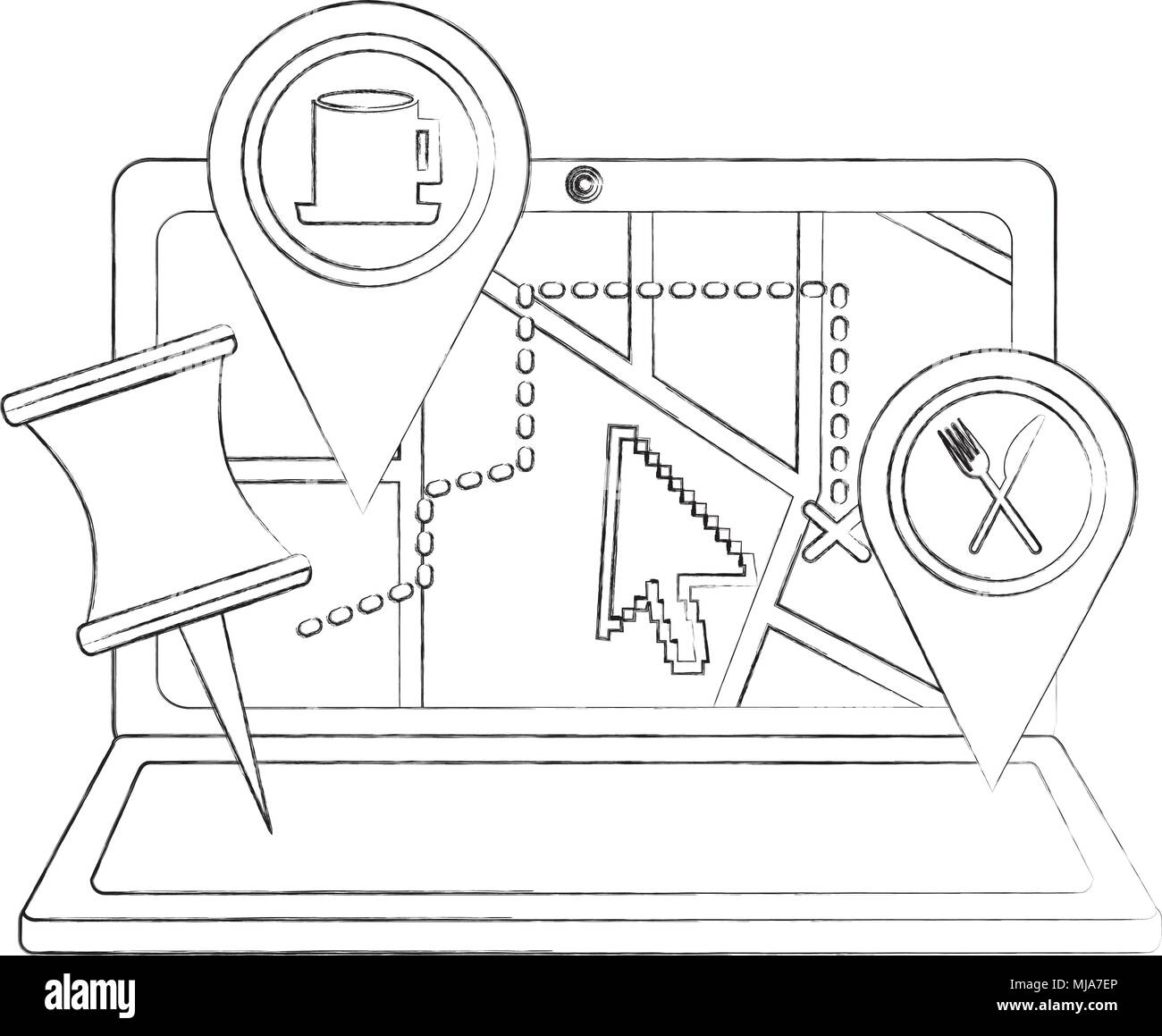 laptop mobile gps navigation map pin markers route restaurant vector ...