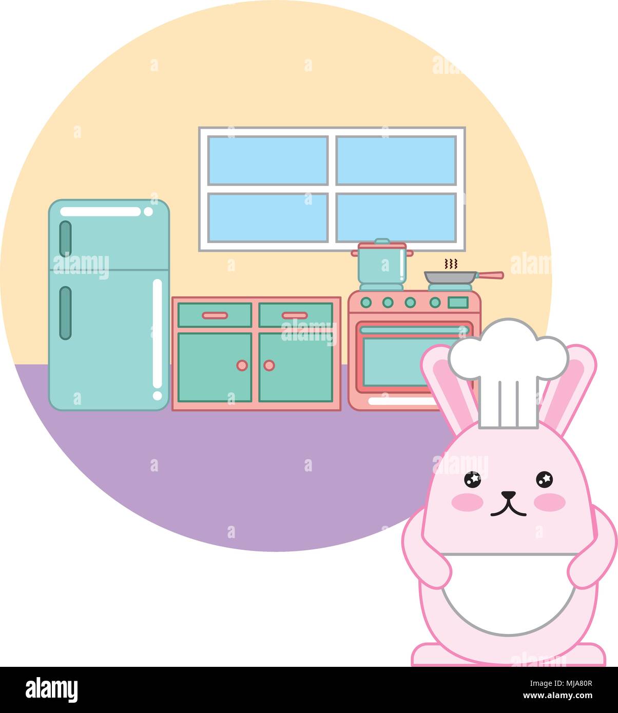 cute chef rabbit with kitchen scene kawaii character vector ...