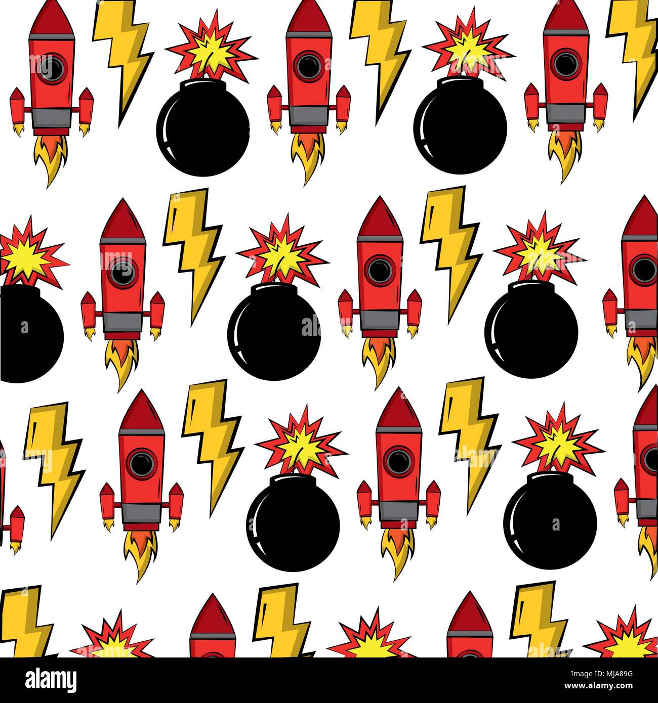 rocket with explosive bomb and thonderbolt pop art style pattern vector ...