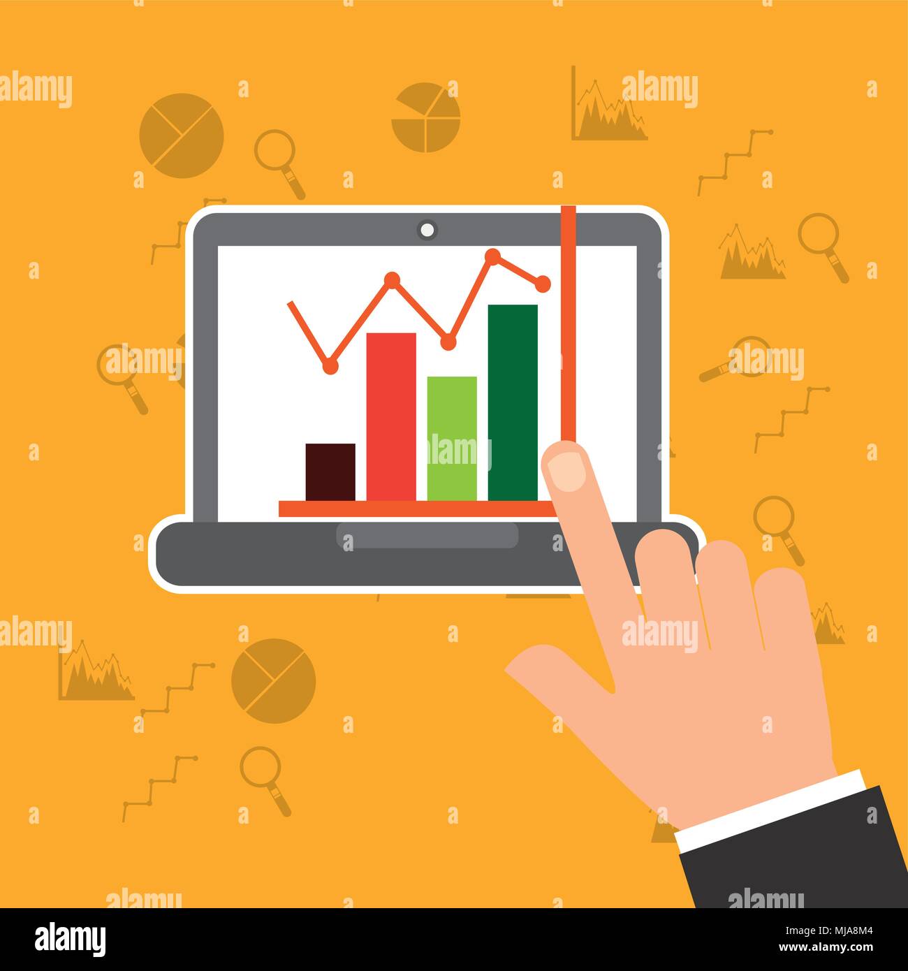 hand touch screen laptop with statistics graph vector illustration ...