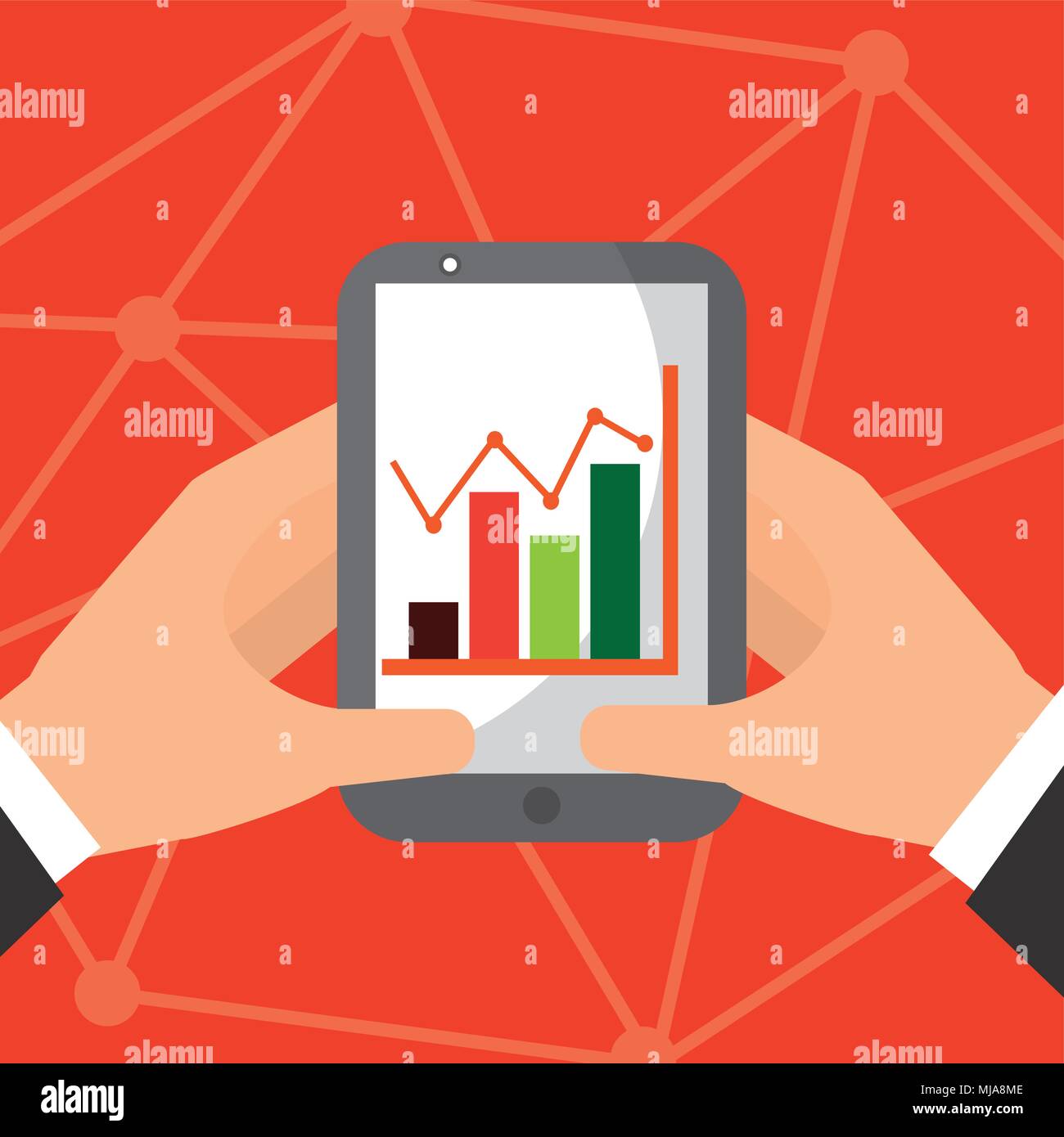 hand holding smartphone with statistic on screen vector illustration ...