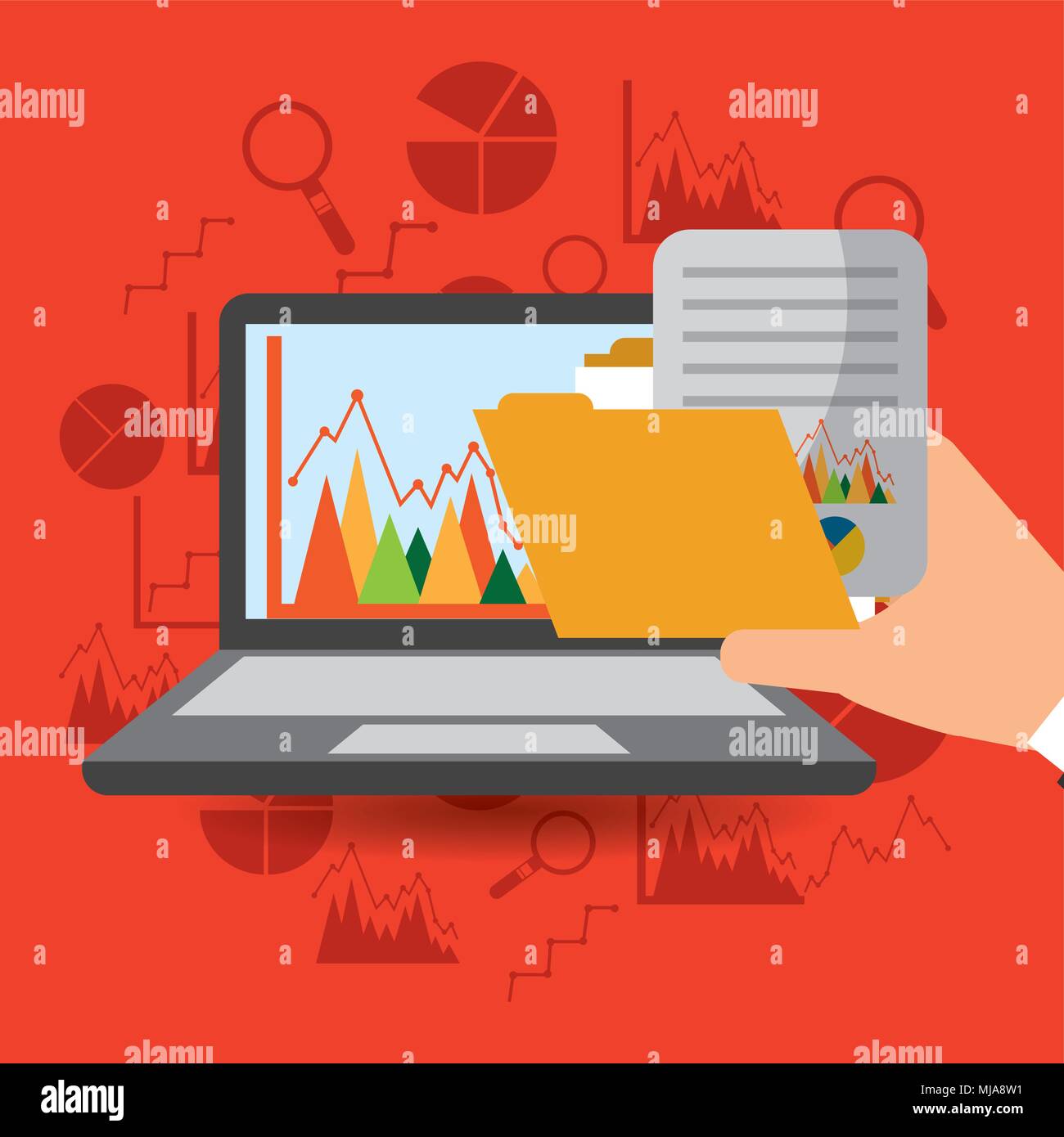 hand with laptop folder files report vector illustration Stock Vector ...