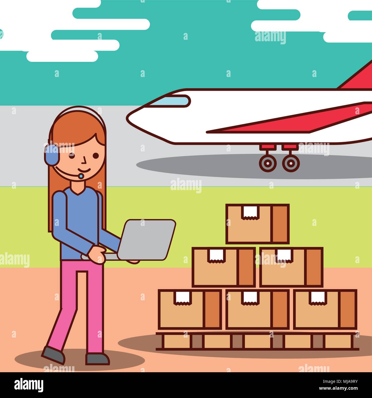 woman cartoon operator logistic cardboard boxes and plane transport ...