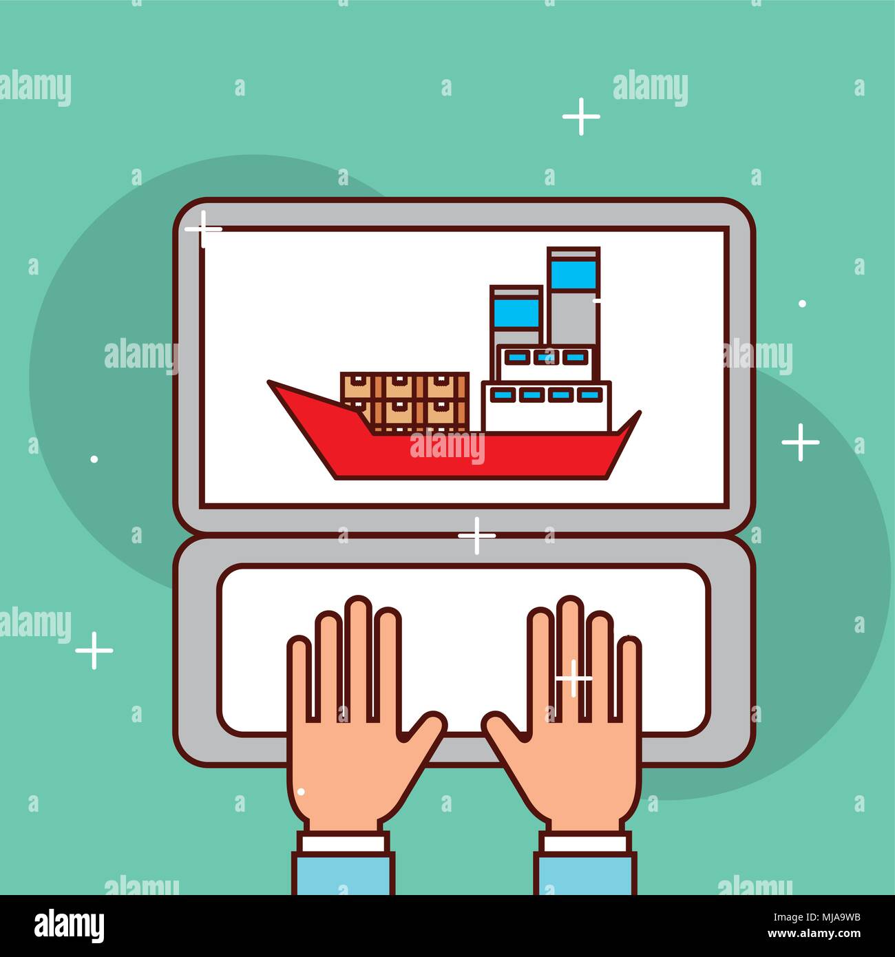 hands working laptop logistic cargo shipping containers Stock Vector ...