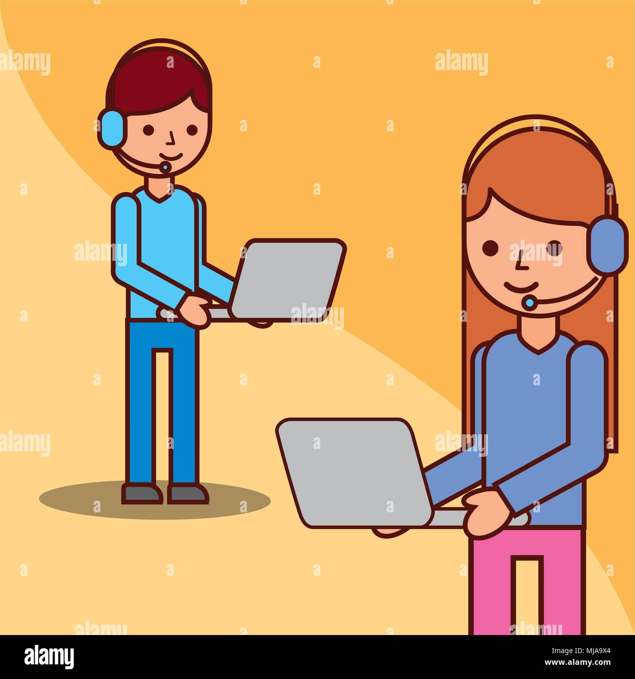 logistic operator cartoon man and woman laptop headset Stock Vector ...