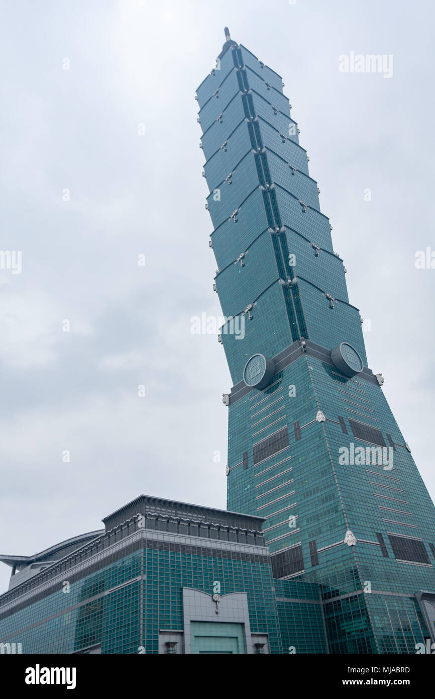 A low angle view of Taipei 101, a supertall skyscraper in Xinyi ...