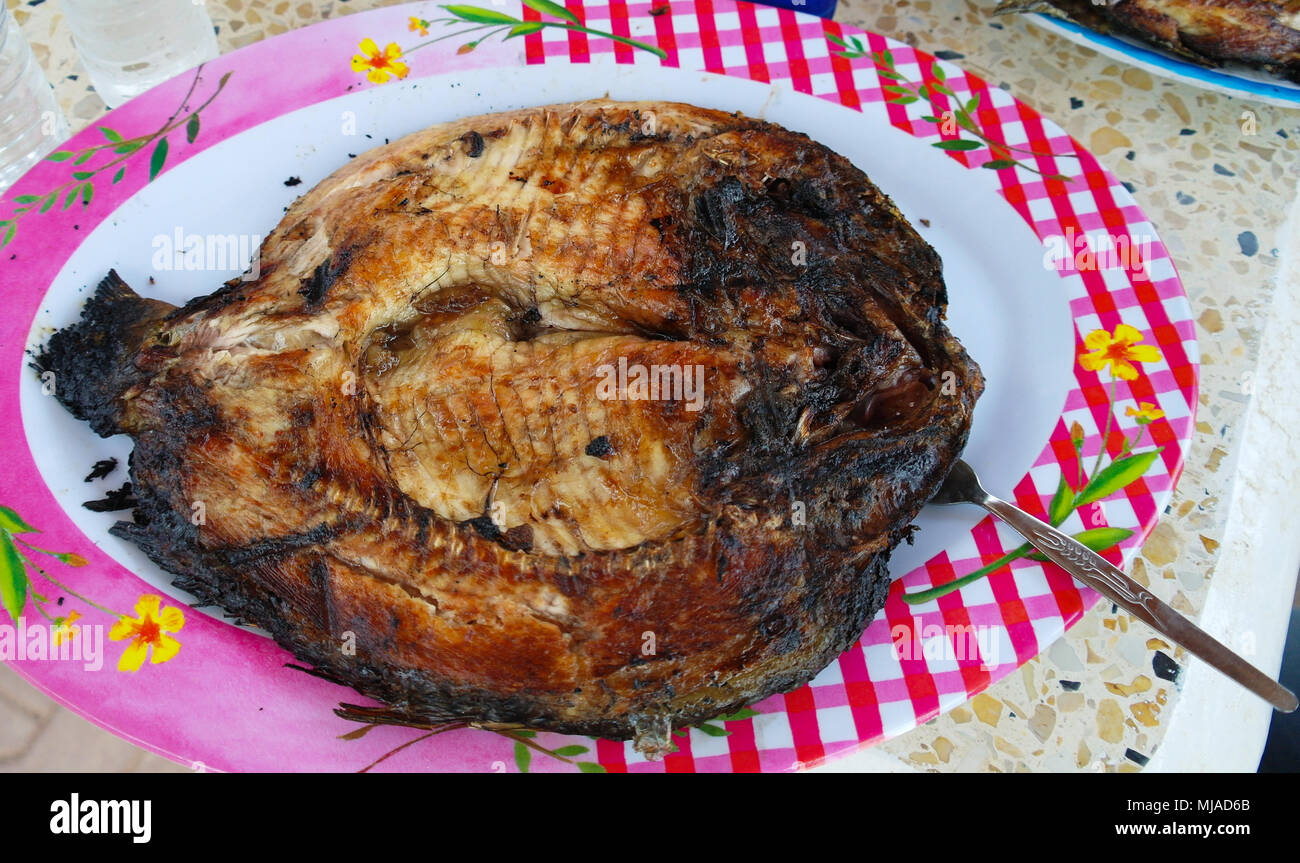 Prepared in fire grilled carp, national fast food of Basra, Iraq Stock ...