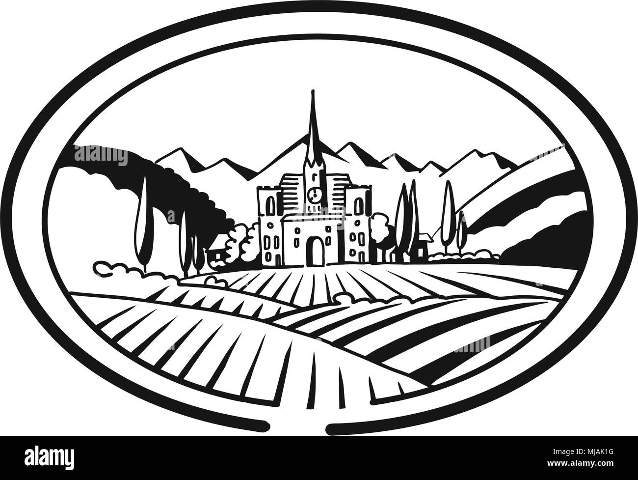 Vineyard Farm Cover Design for Bottle Labeling, Sketched Hand drawn ...