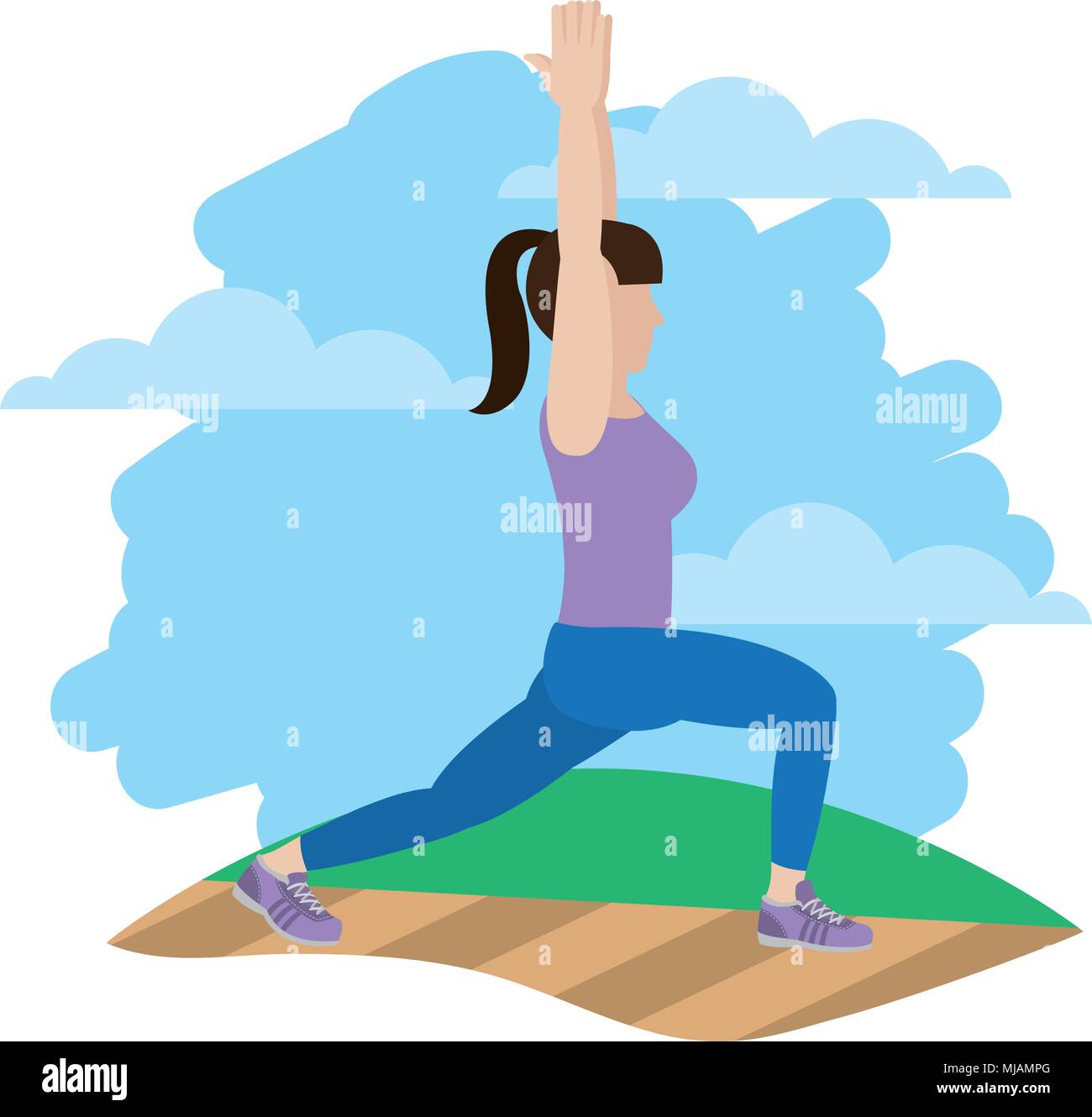 woman with hands up and lunges each leg in the landscape Stock Vector ...