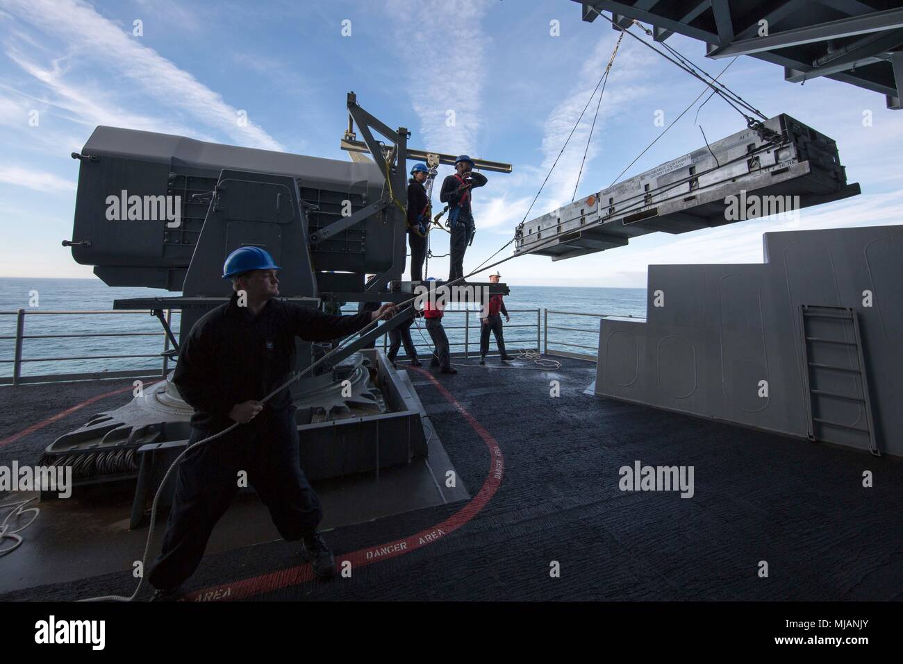 180426-N-ME568-1168 ATLANTIC OCEAN (April 26, 2018) Sailors load a ...