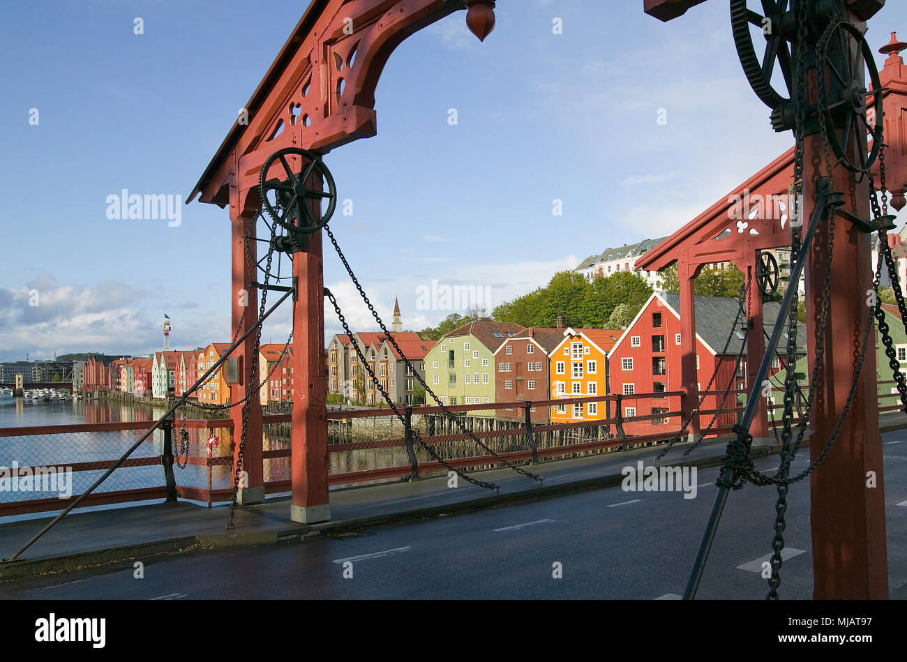 famous downtown of Trondheim with traditional wooden bridge houses ...