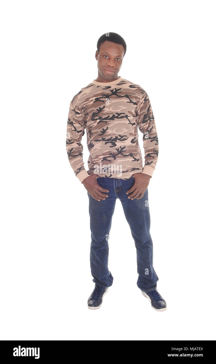 An African American man standing isolated for white background with his ...