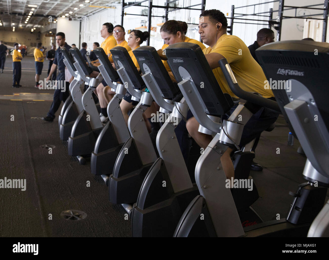 180427-N-GH108-1030 ATLANTIC OCEAN (April 27, 2018) Sailors perform the ...