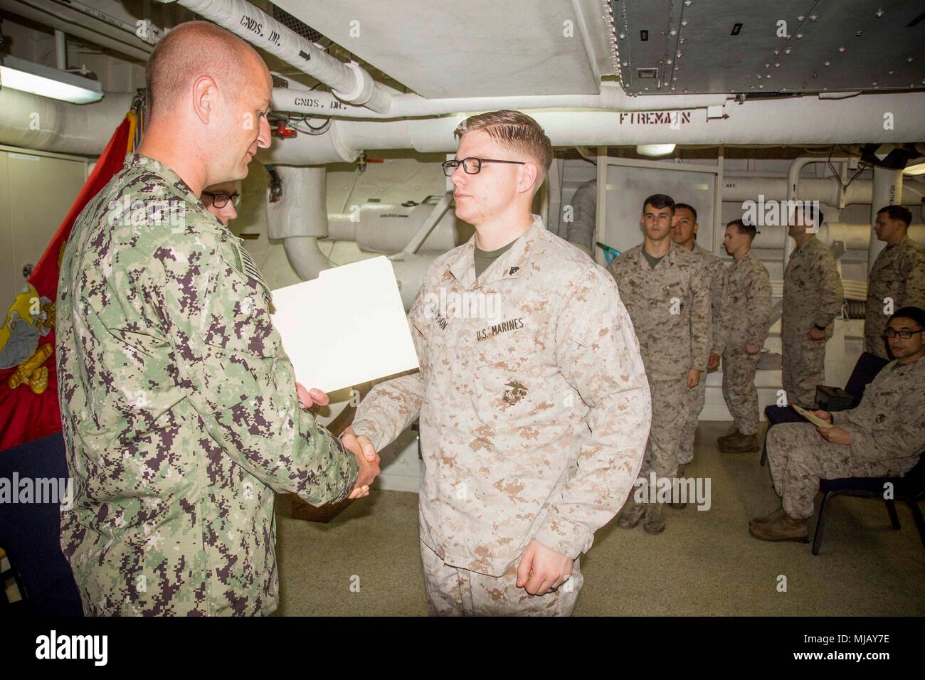 MEDITERRANEAN SEA (April 30, 2018) Marine Corps Cpl. Joshua Dawson, a ...