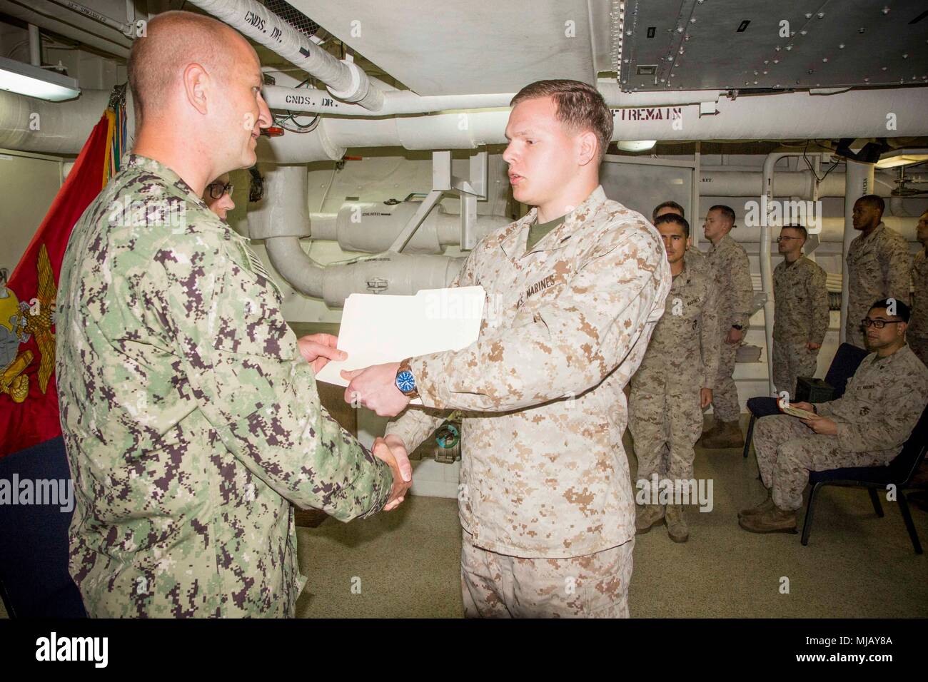 MEDITERRANEAN SEA (April 30, 2018) Marine Corps Cpl. Lemley Lucas, a ...