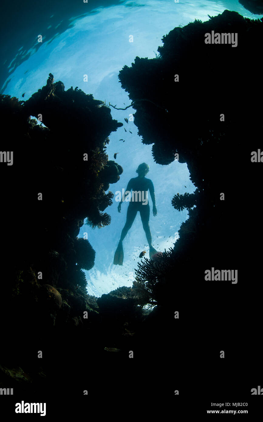 A snorkeler drifts above a crevice eroded in a coral reef in Raja Ampat ...