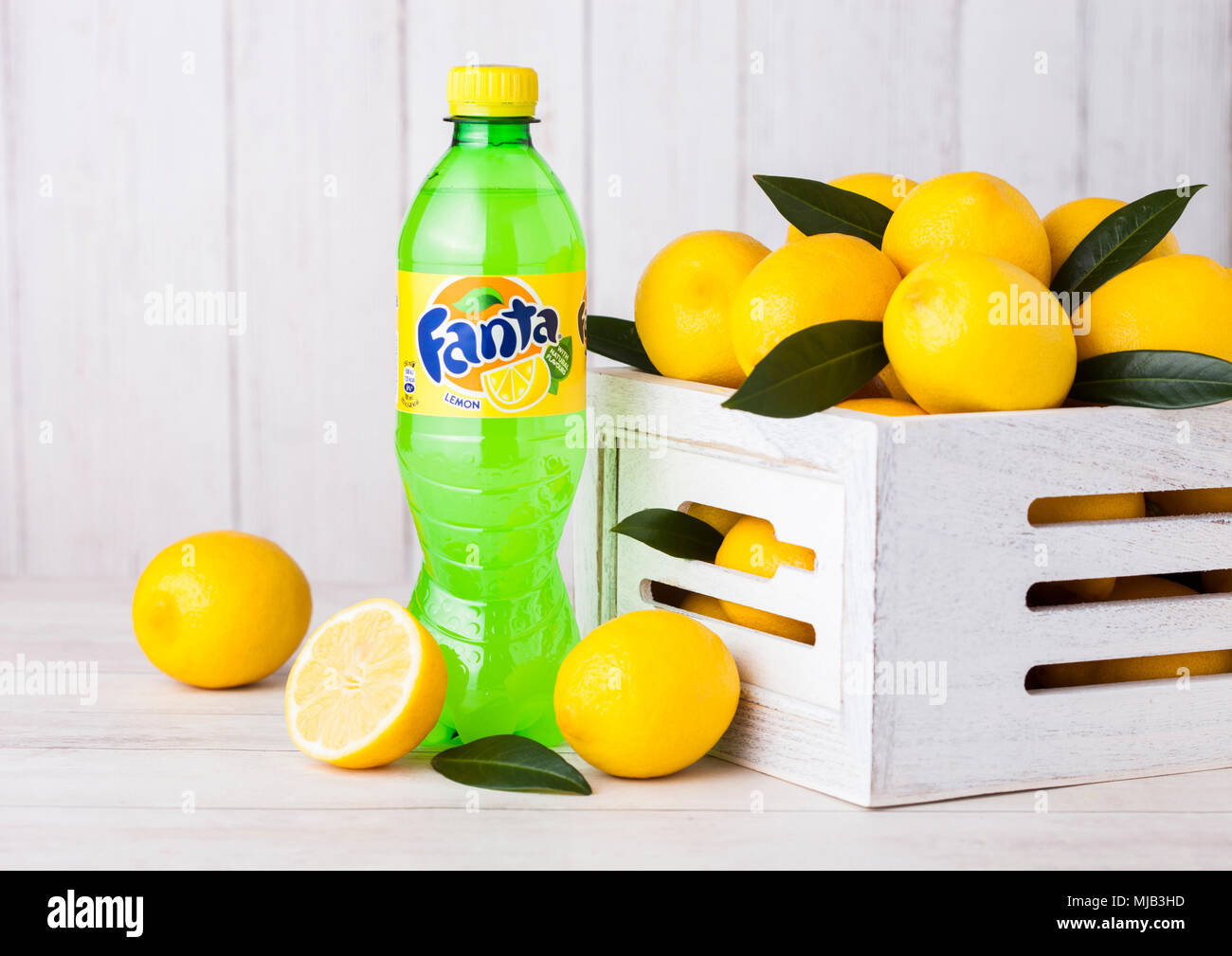 LONDON, UK - APRIL 27, 2018: Plastic bottle of Fanta Lemon soft drink ...