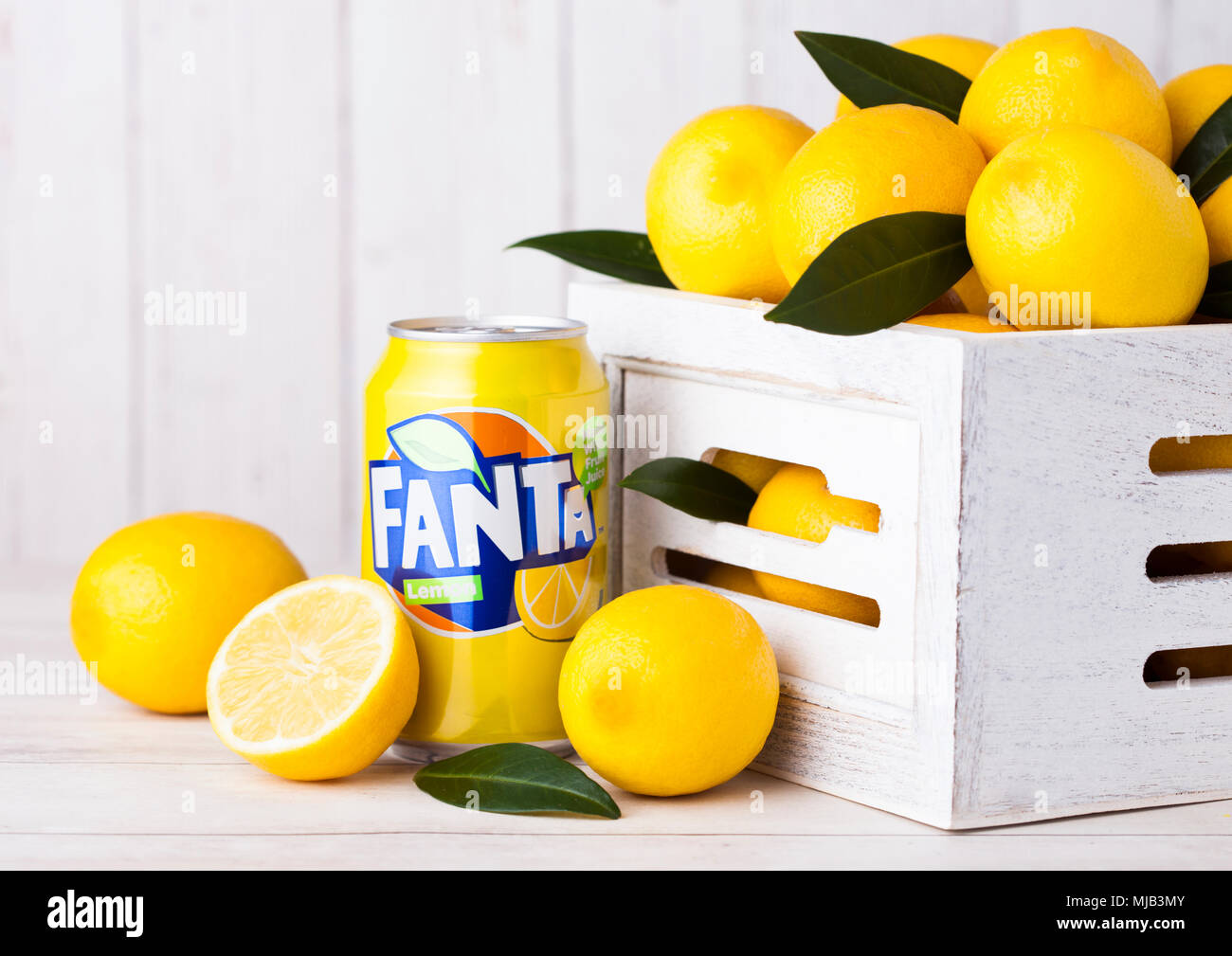LONDON, UK - APRIL 27, 2018: Aluminium can of Fanta Lemon soft drink ...