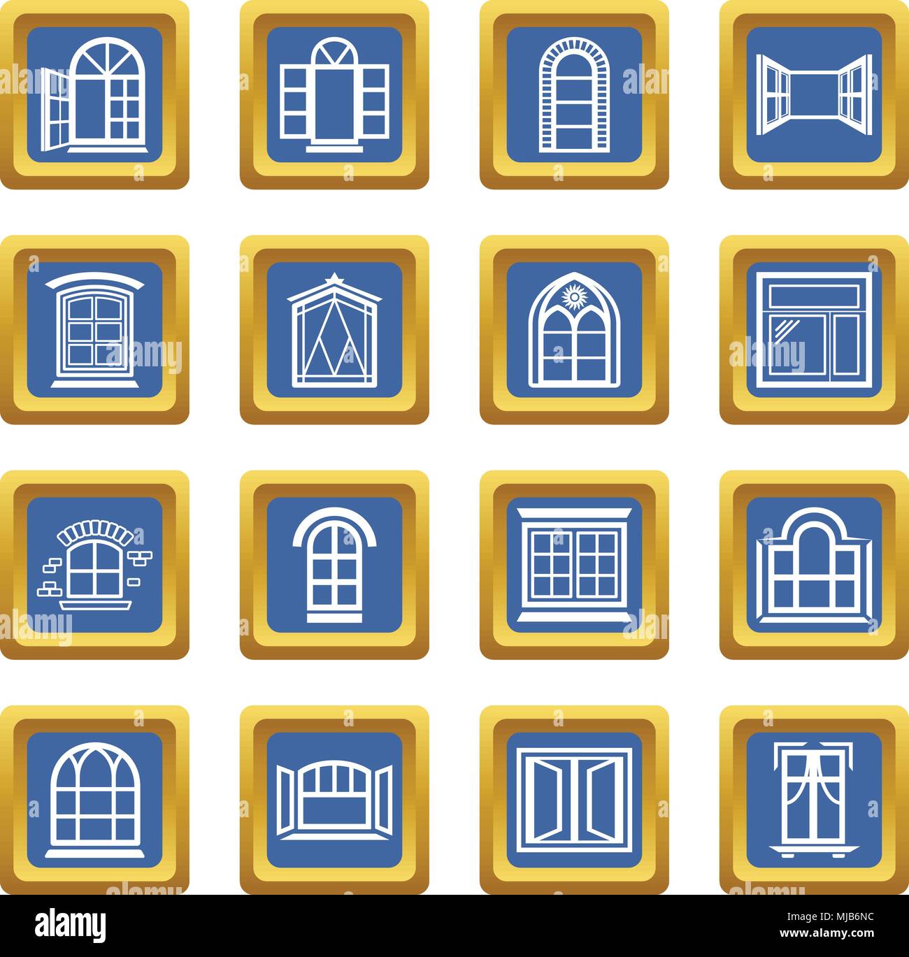 Window design icons set vector blue square isolated on white background ...